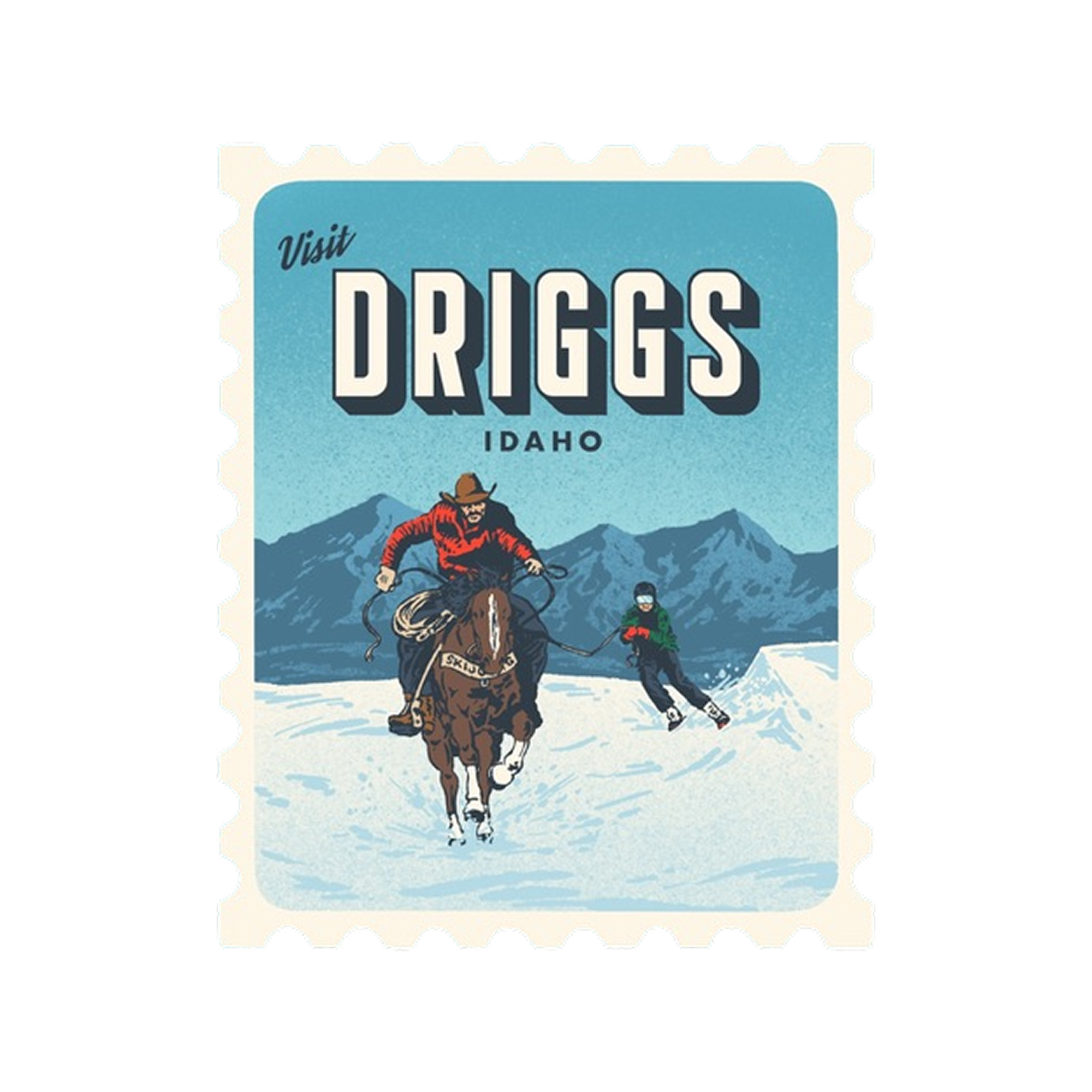 Driggs Skijoring Retro Stamp Sticker (Pack of 12) – Blue Bison Collectibles